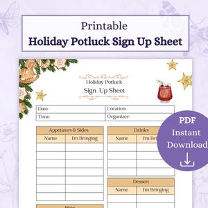 Holiday Pot Luck Sign up Sheet Printable PDF | Christmas Dishes List ...