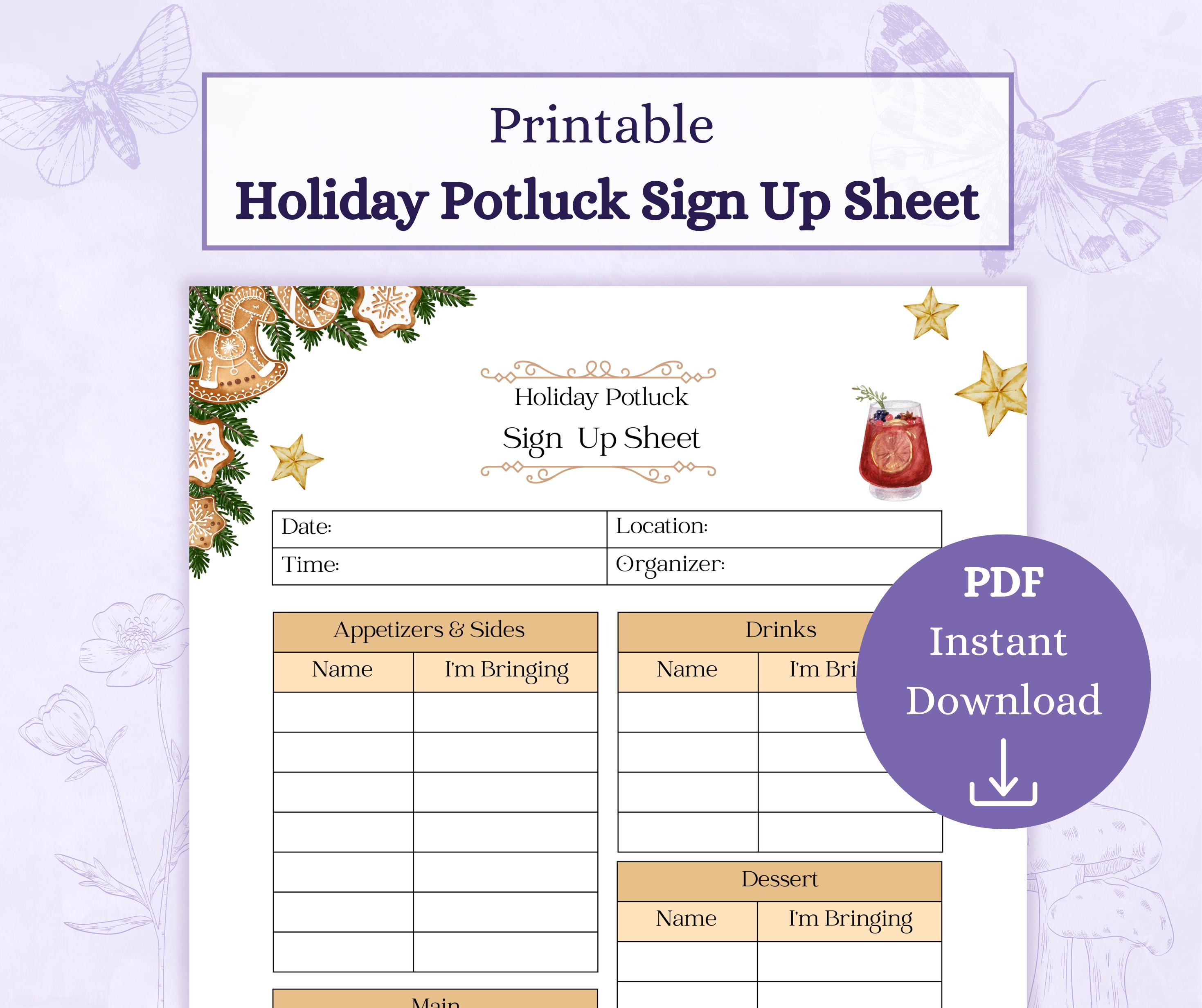 Holiday Pot Luck Sign up Sheet Printable PDF | Christmas Dishes List ...