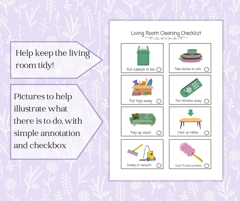 Living Room Picture Chore Chart for Kids Printable PDF | Cleaning ...