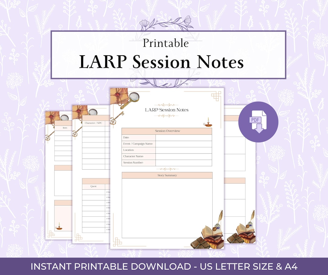 LARP Session Notes Printable PDF, Live Action Roleplay Adventure Log ...