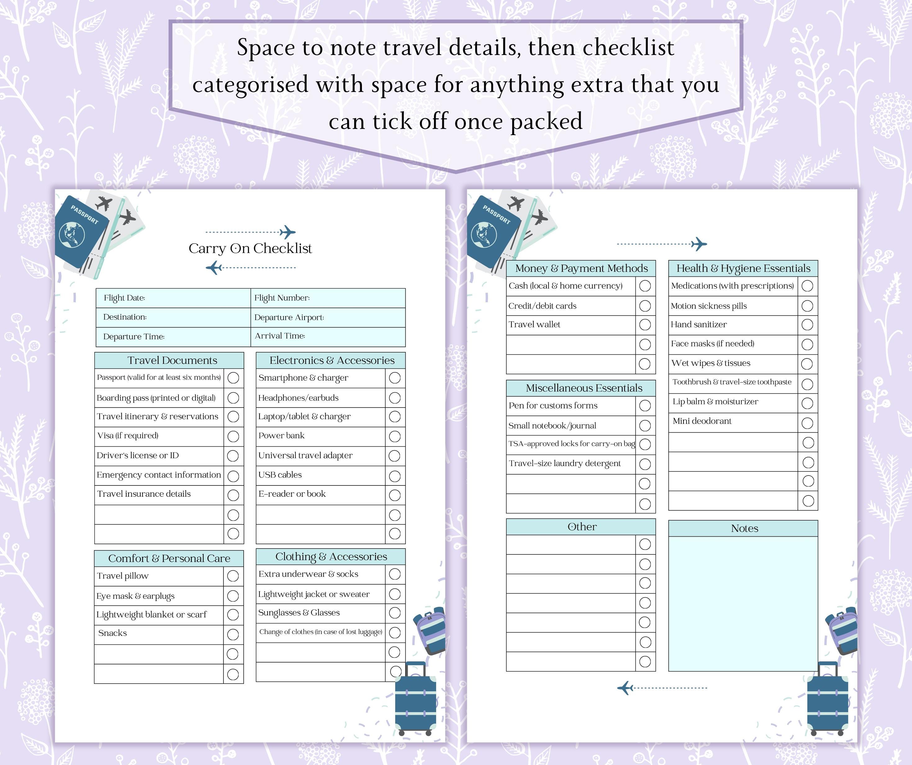 Carry on Checklist Printable PDF | Travel Packing List | Flight Packing ...