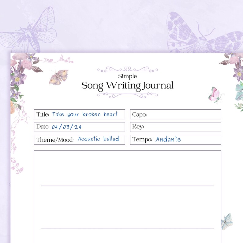 Simple Songwriting Journal Printable PDF | Songwriting Sheet ...