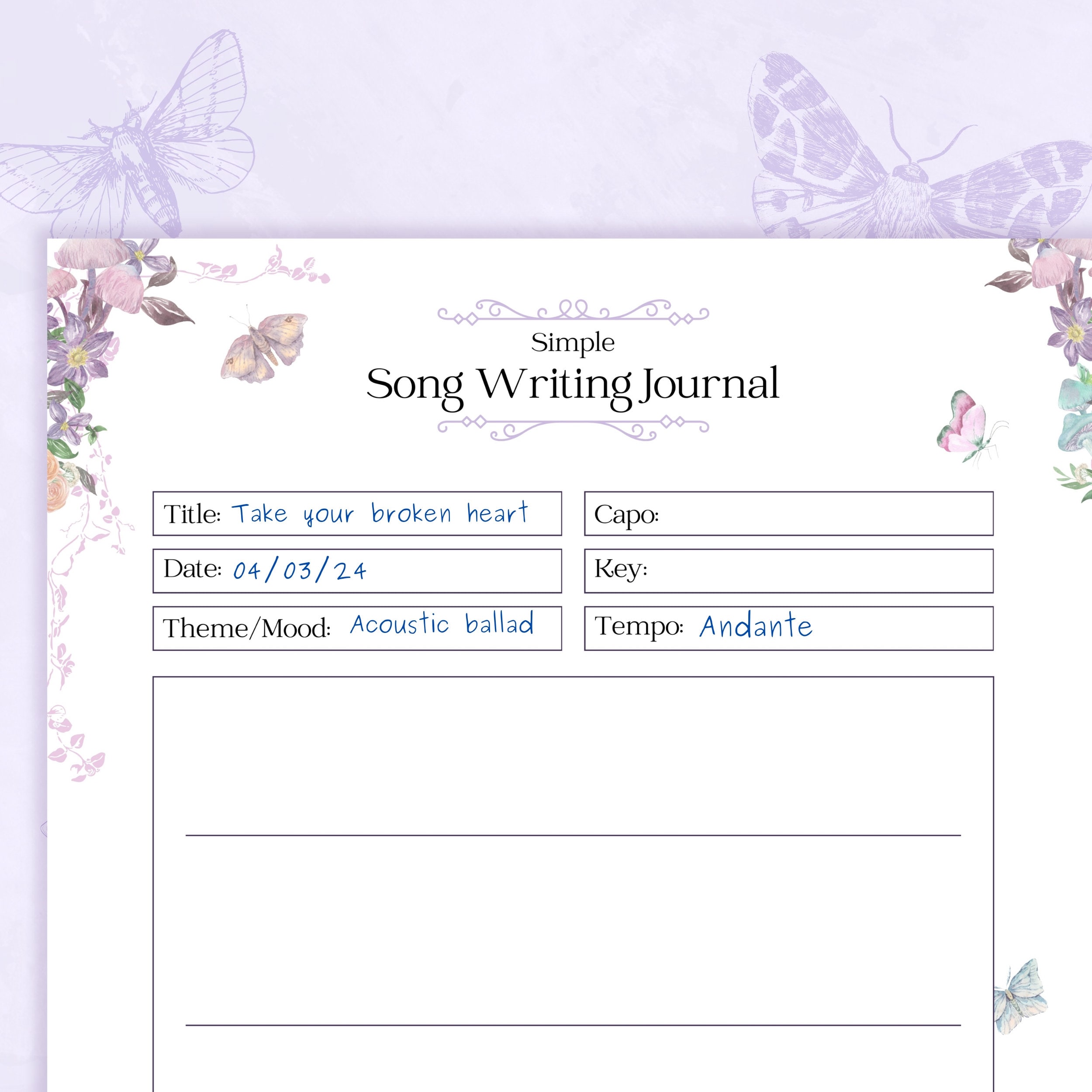 Simple Songwriting Journal Printable PDF | Songwriting Sheet ...