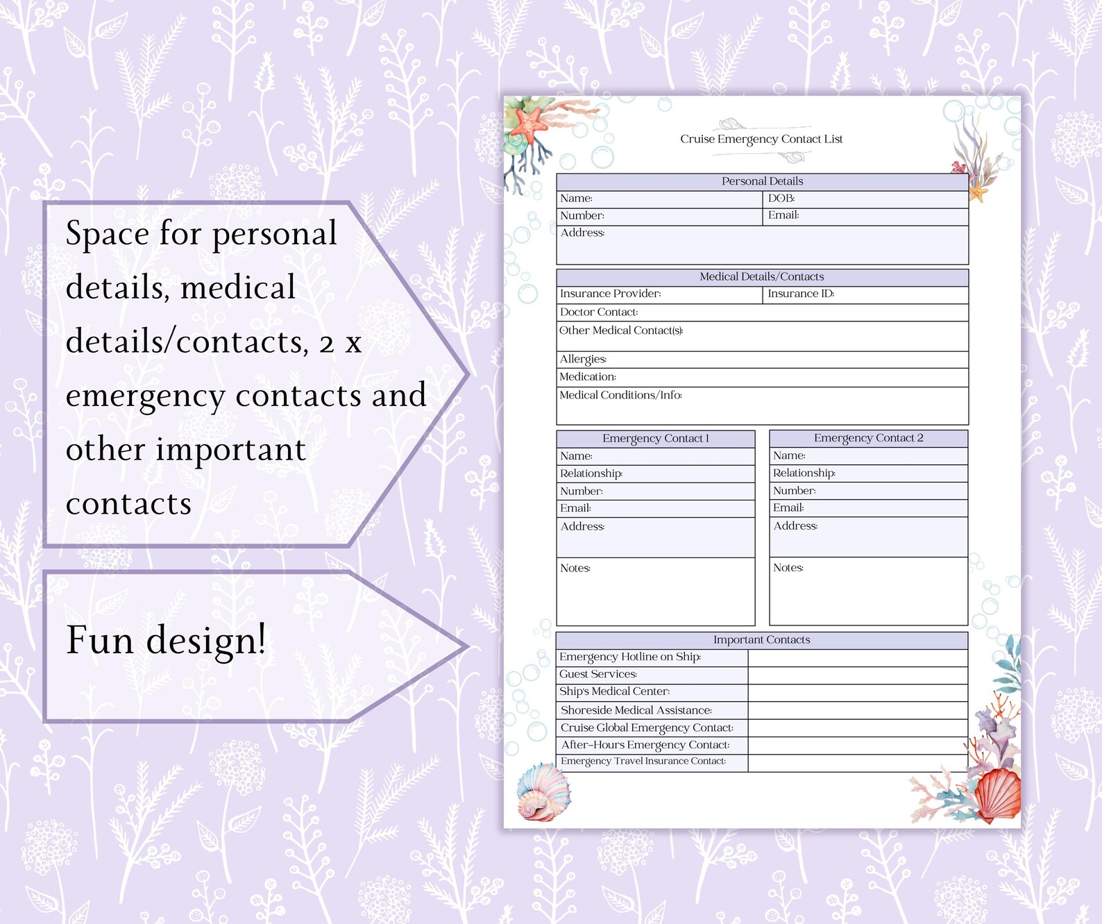 Cruise Contact List Sheet Printable PDF | Emergency Contact List ...