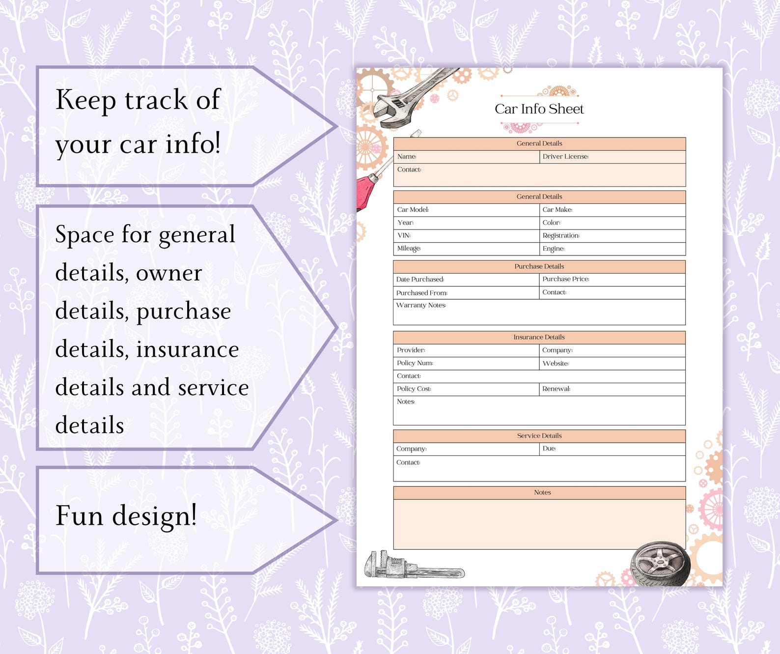 Car Info Sheet Printable PDF | Vehicle Information | Car Owner Info ...