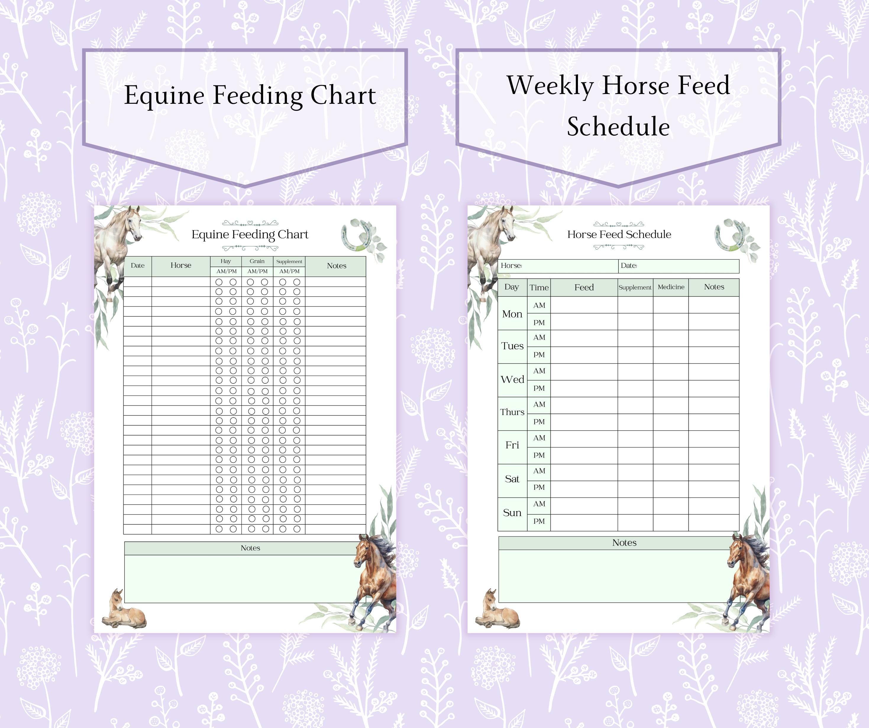 Horse Feeding Chart Bundle Printable PDF | Equine Feeding Chart | Horse Feed Schedule | Equine ...