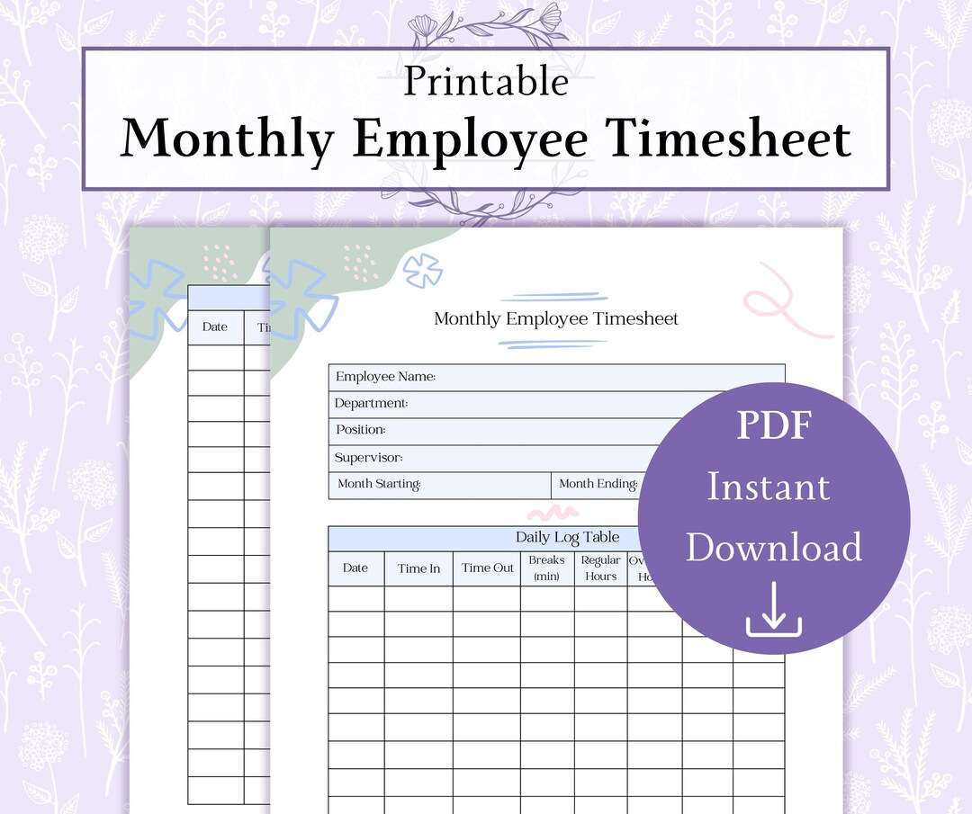 Monthly Employee Timesheet Printable PDF, Work Hours Tracker, Employee ...