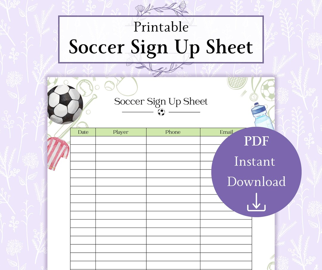Soccer Sign up Sheet Printable PDF | Football Sign up Sheet | Football ...