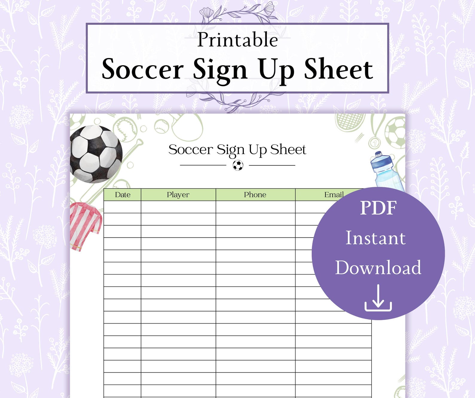 Soccer Sign up Sheet Printable PDF | Football Sign up Sheet | Football ...