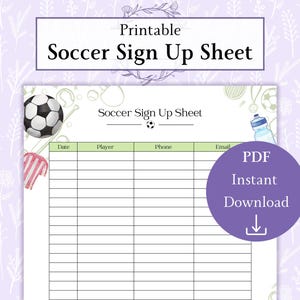 Soccer Sign up Sheet Printable PDF | Football Sign up Sheet | Football ...