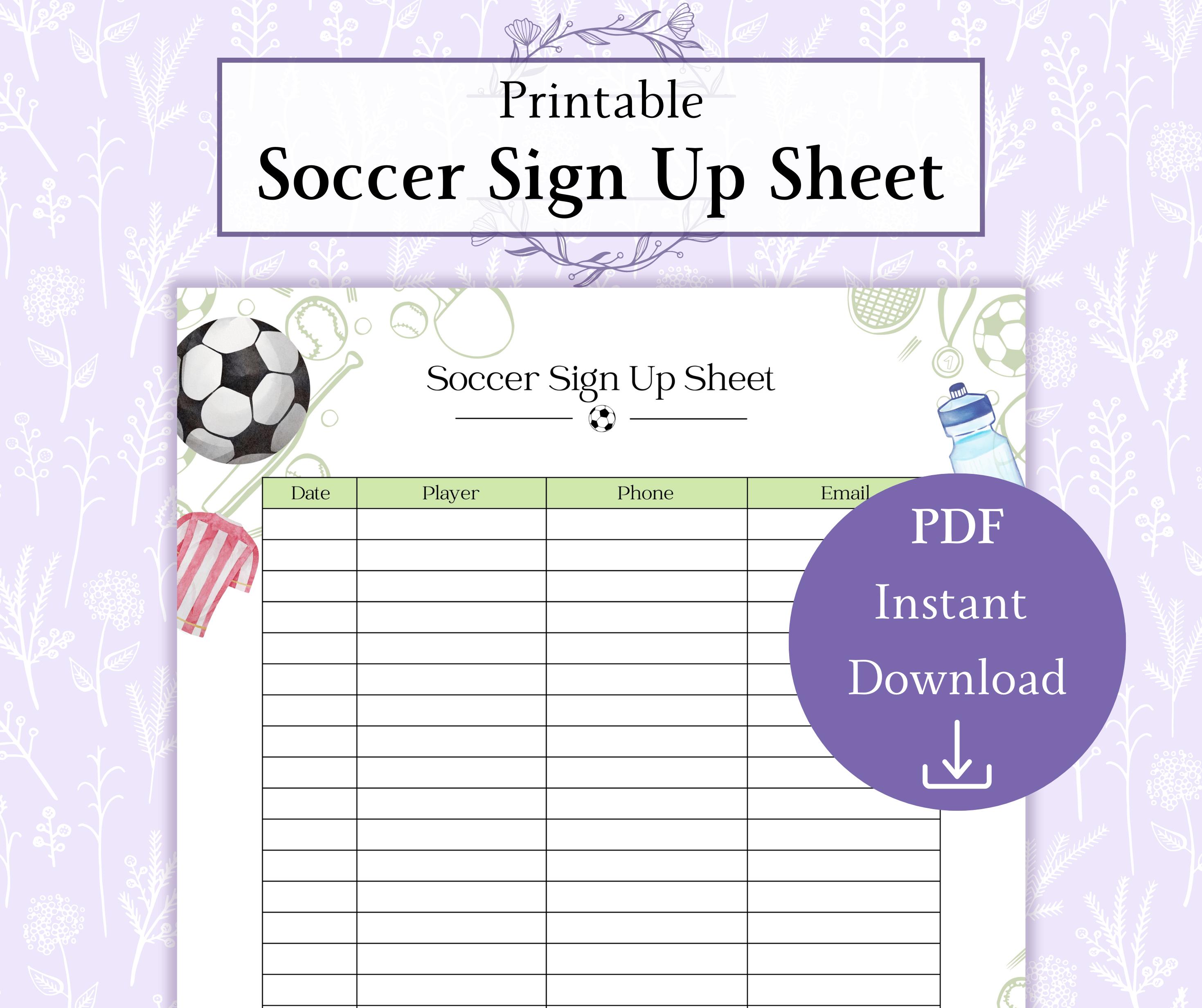 Soccer Sign up Sheet Printable PDF | Football Sign up Sheet | Football ...