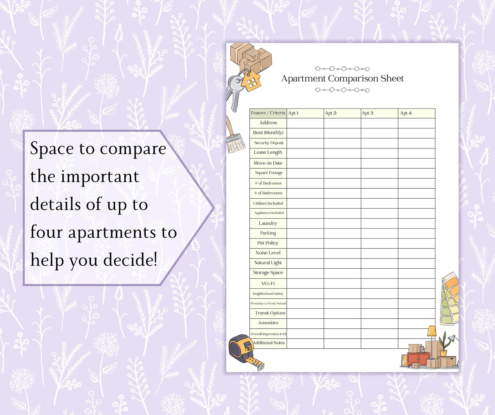 Apartment Comparison Sheet Printable PDF | Moving Planner | House ...