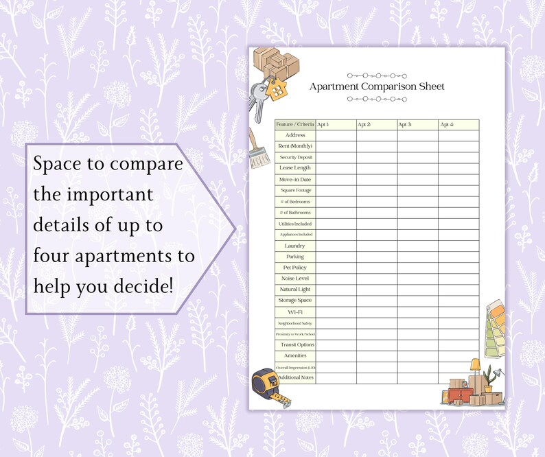 Apartment Comparison Sheet Printable PDF | Moving Planner | House ...