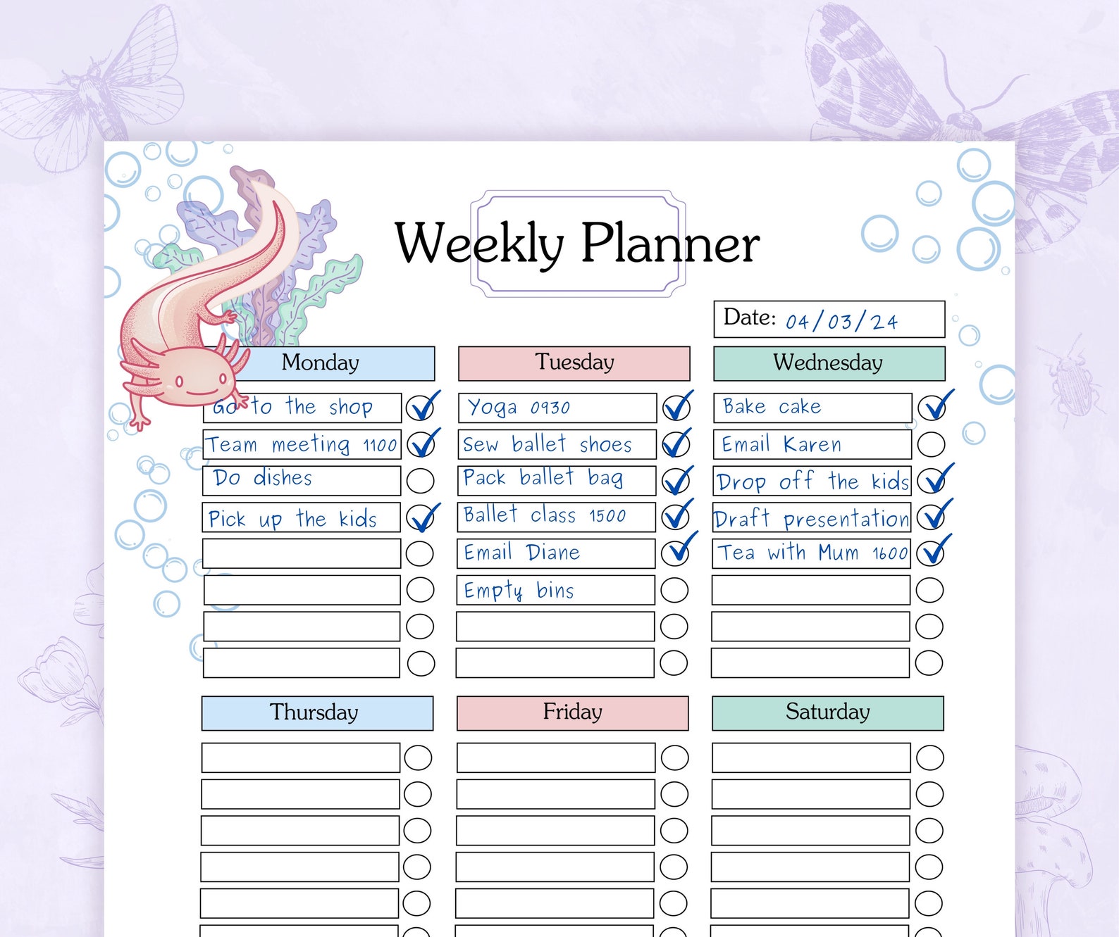 Axolotl Weekly Planner Printable PDF | Task Tracker | Weekly Axolotl ...
