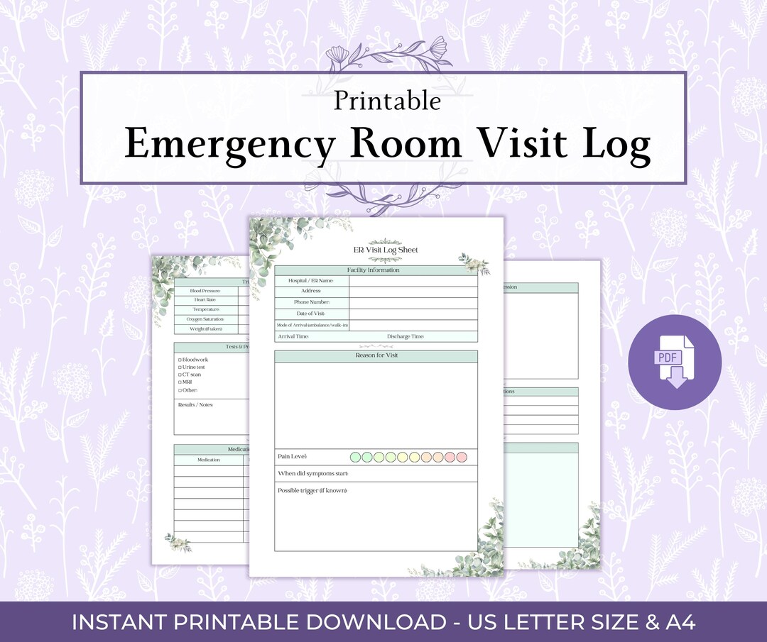 Emergency Room Visit Log Printable PDF, ER Tracker Sheet, Medical ...