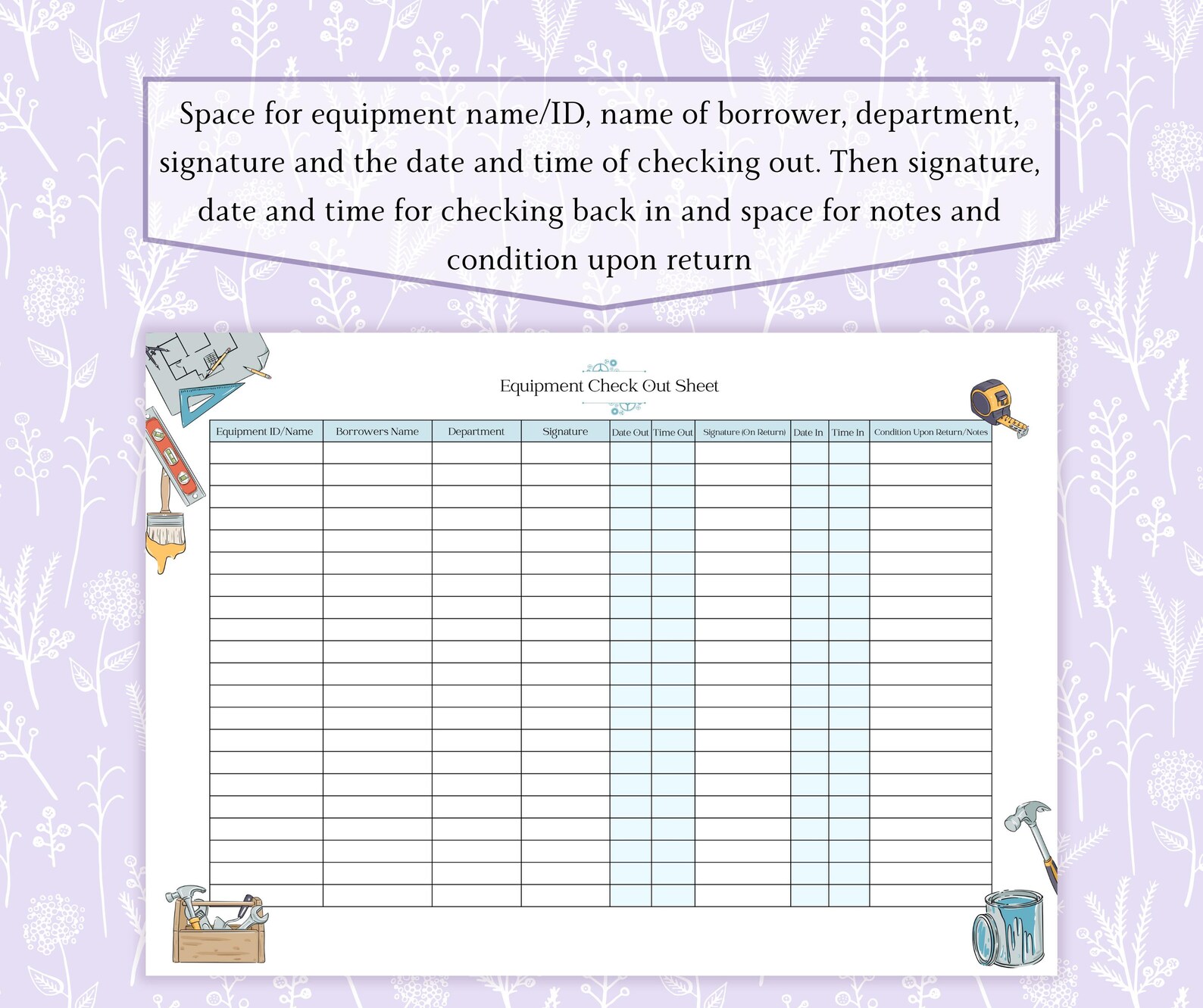 Equipment Checkout Sheet Printable PDF | Tool Borrowing Log | Equipment ...