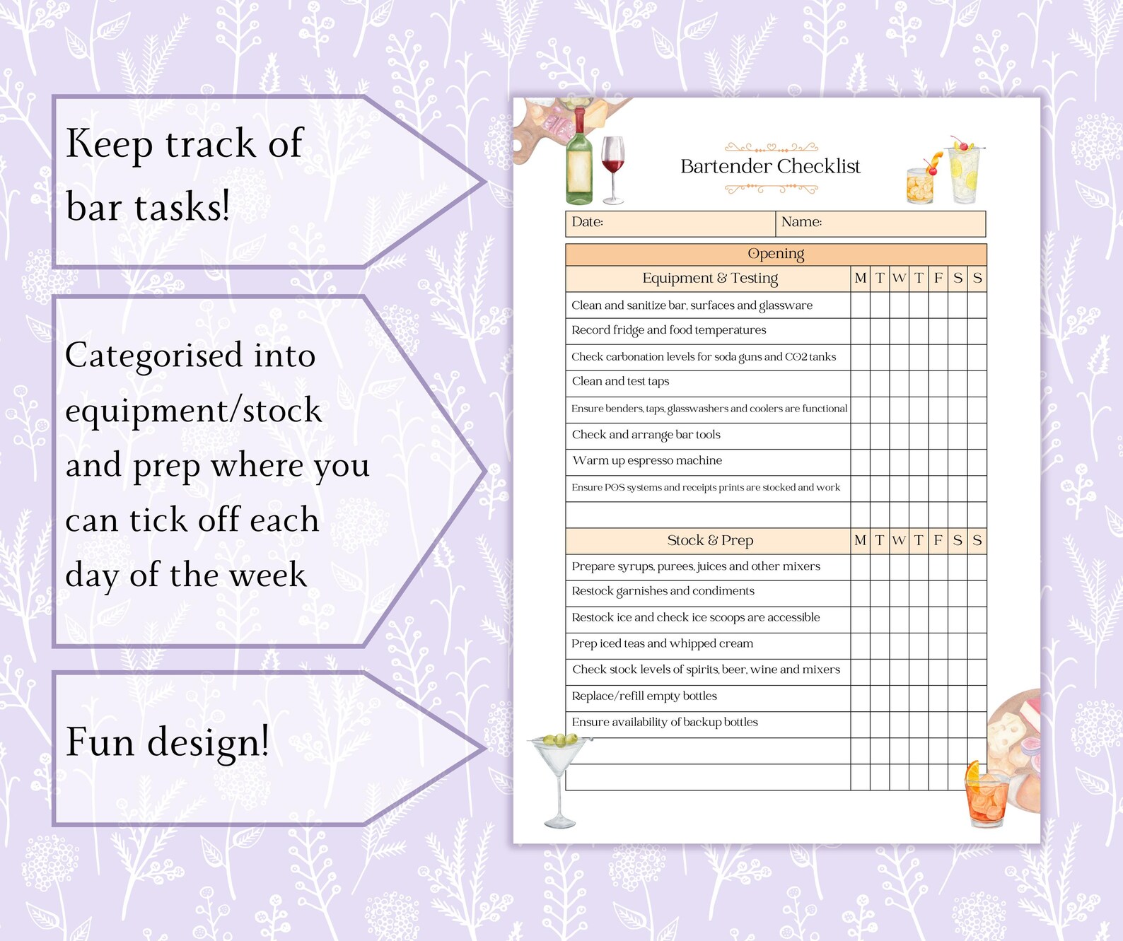 Bartender Opening Checklist Printable PDF | Bar Forms | Bar Record ...