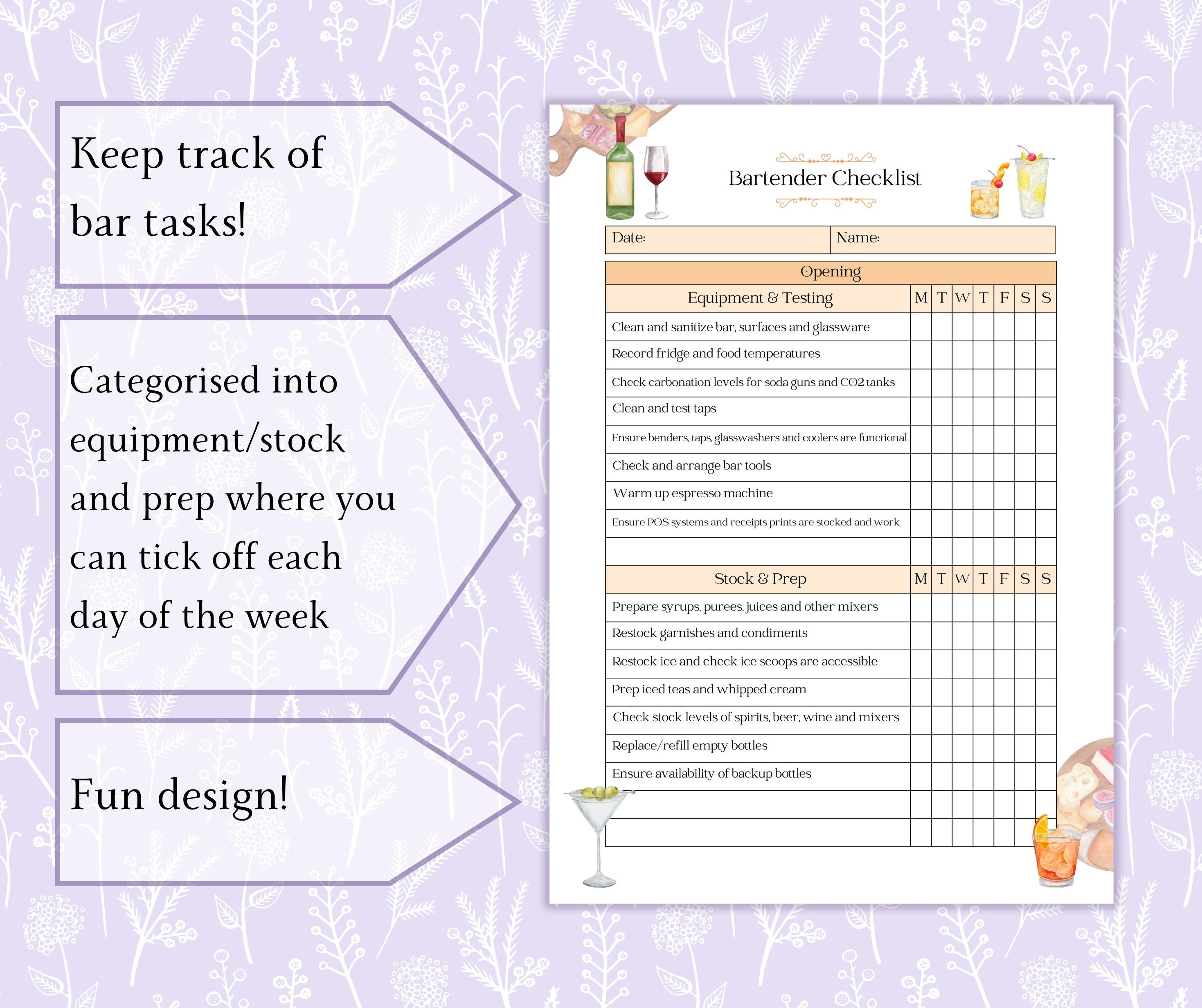 Bartender Opening Checklist Printable PDF | Bar Forms | Bar Record ...