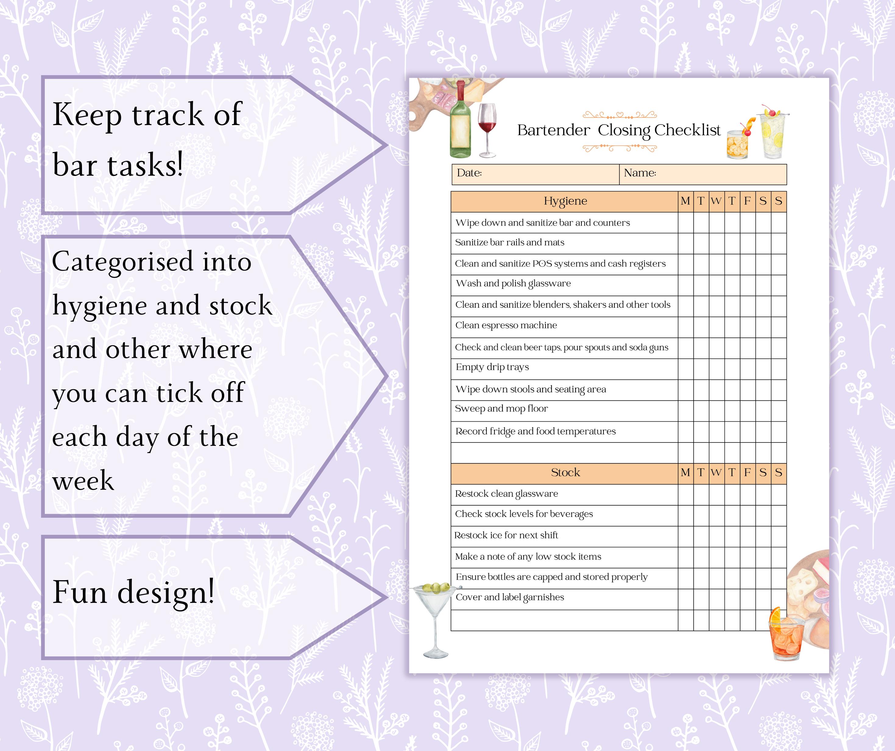 Bartender Closing Checklist Printable PDF | Bar Checklist | Bartender ...