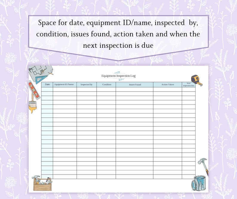 Equipment Inspection Log Printable PDF | Tool Inspection Sheet ...