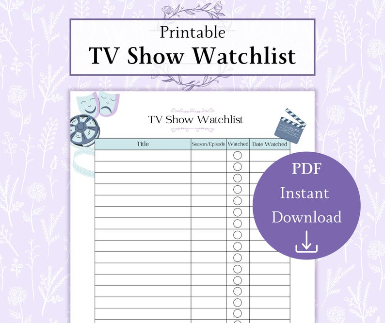 TV Series Watchlist Printable PDF | Watchlist Template | TV Show Watch ...