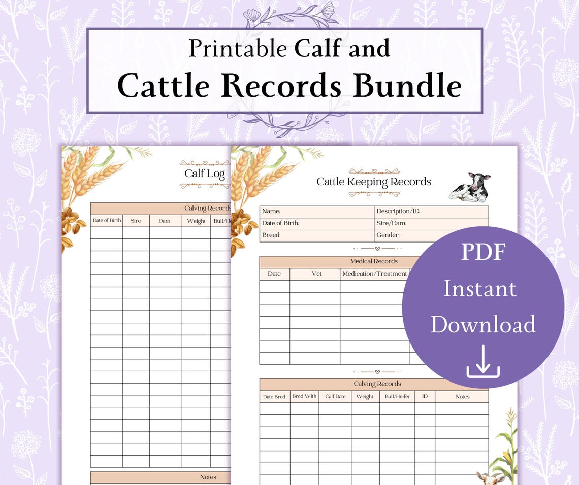 Calf and Cattle Records Bundle Printable PDF | Cattle Keeping Records ...