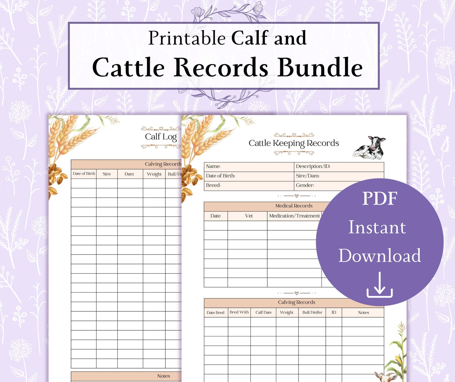 Calf and Cattle Records Bundle Printable PDF | Cattle Keeping Records | Calf Log Book Sheet ...