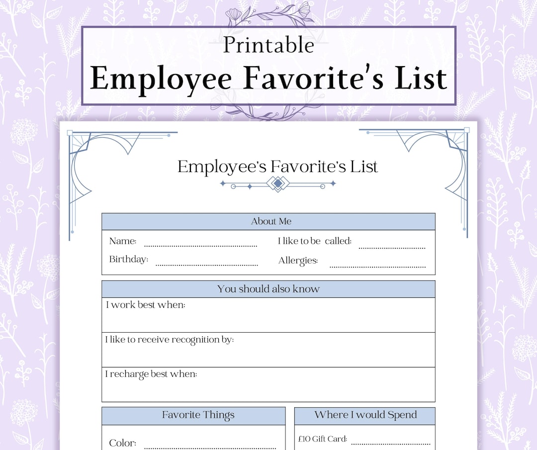 Employee Favorites Form Printable PDF | All About Me | Introduce ...