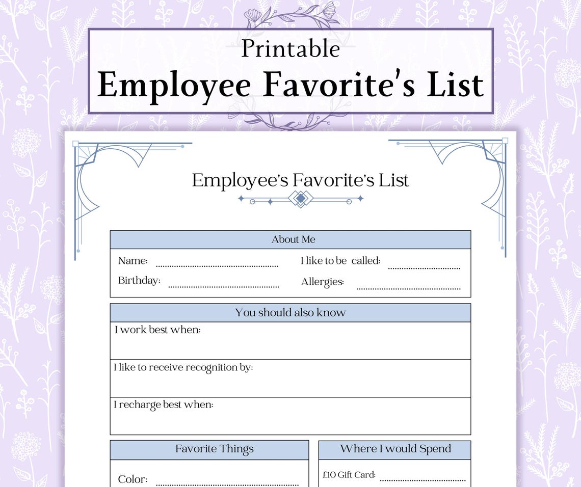 Employee Favorites Form Printable PDF | All About Me | Introduce ...