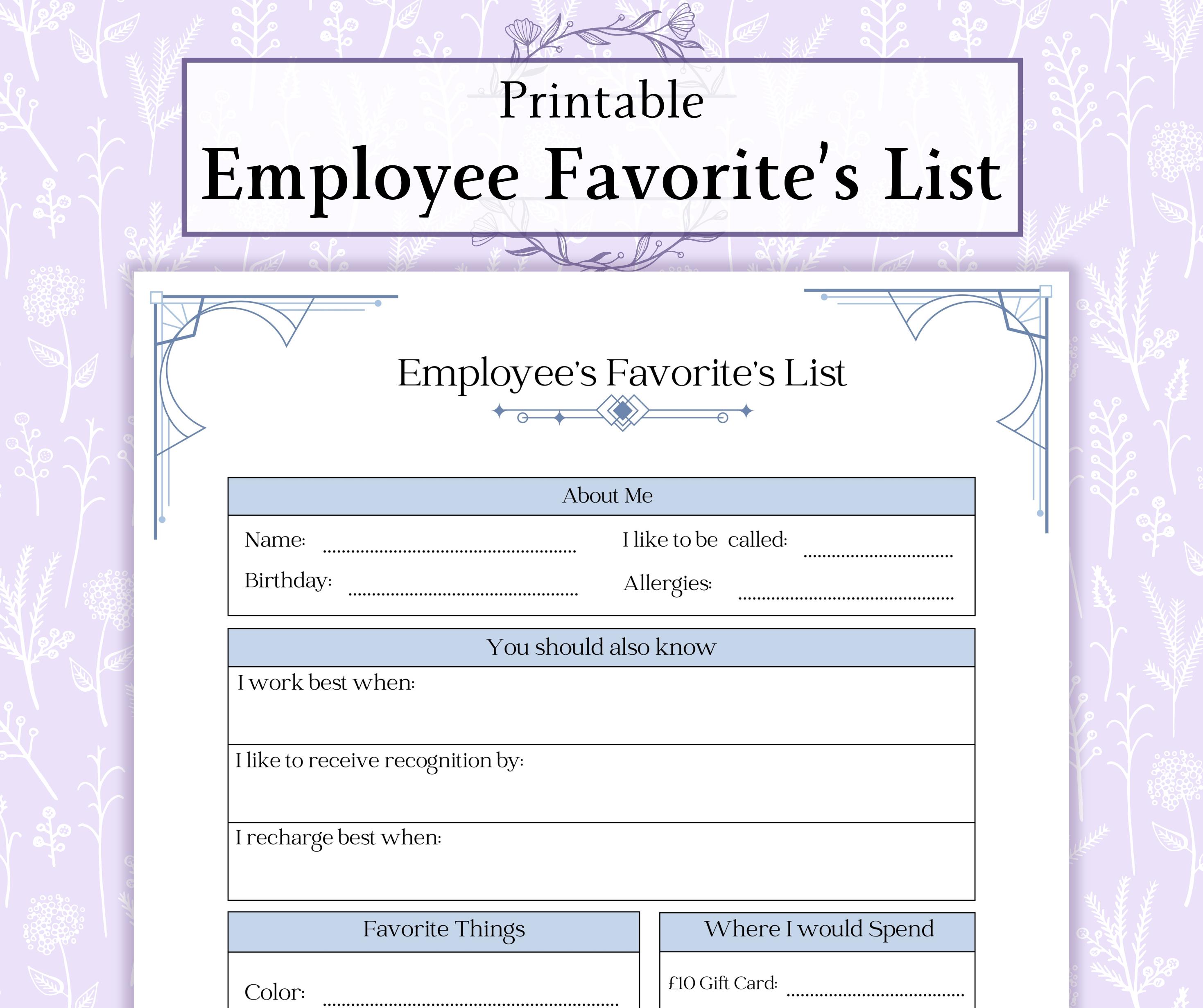 Employee Favorites Form Printable PDF | All About Me | Introduce ...
