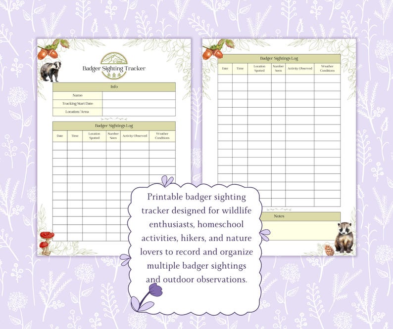 Badger Sighting Tracker Printable PDF, Wildlife Observation Journal ...