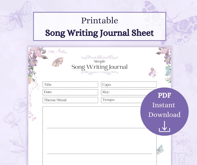 Simple Songwriting Journal Printable PDF | Songwriting Sheet ...