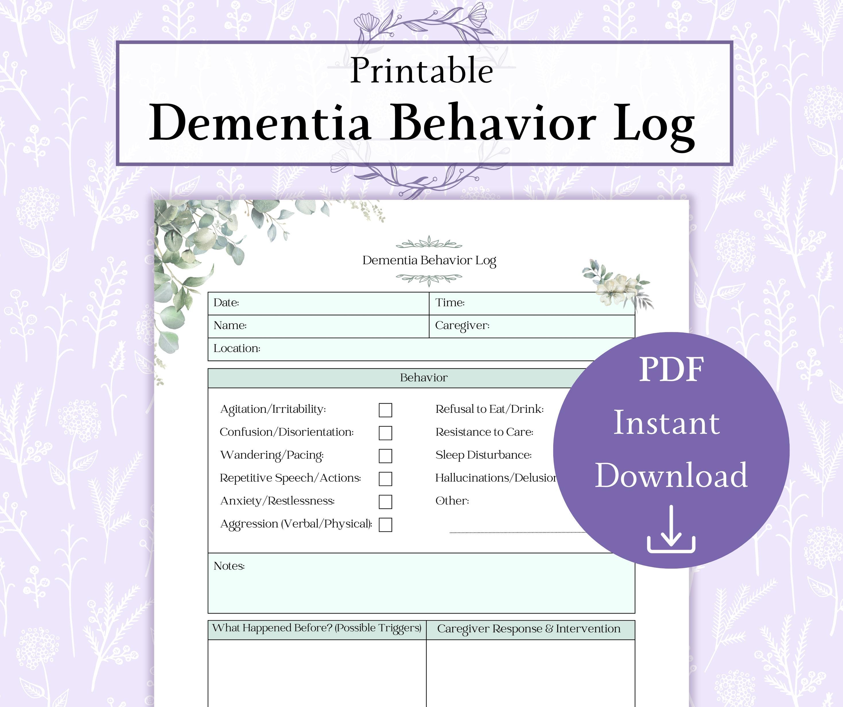 Dementia Behavior Log Printable PDF | Dementia Symptom Form | Family ...