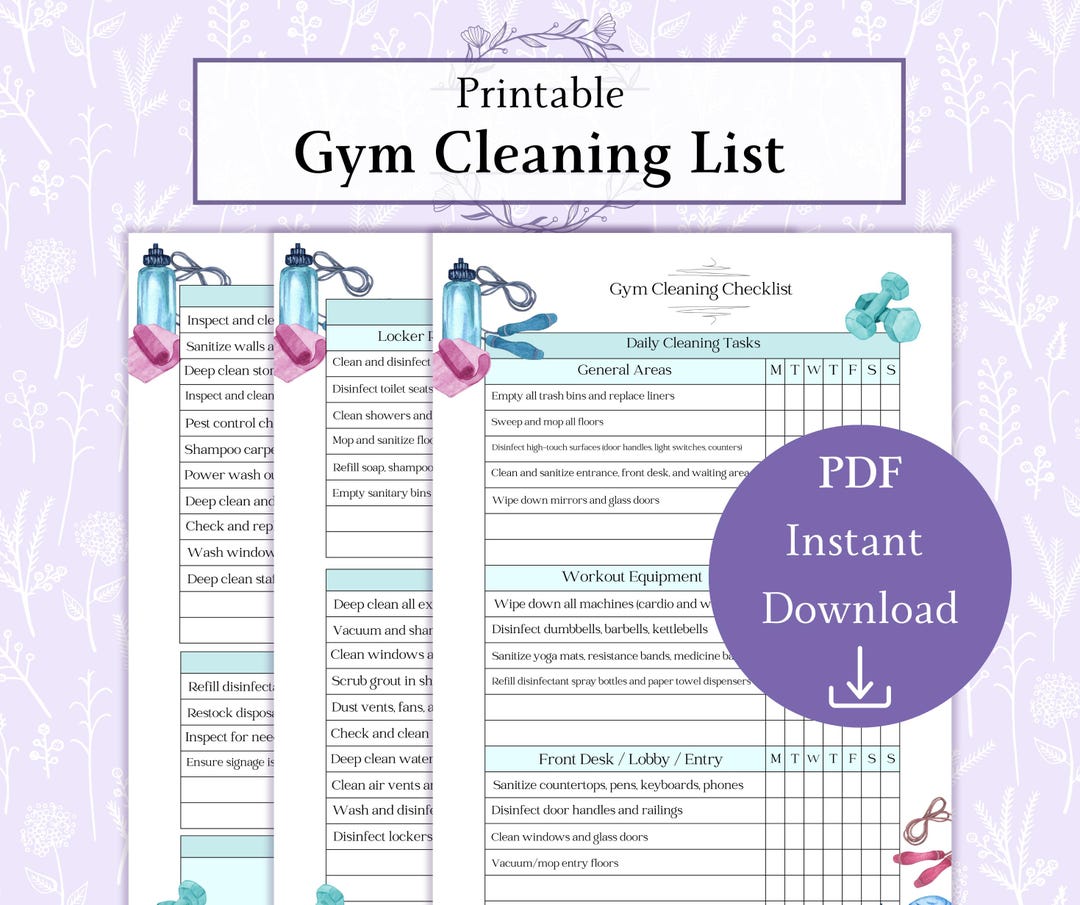 Gym Cleaning List Printable PDF | Gym Checklist Janitorial Checklist ...