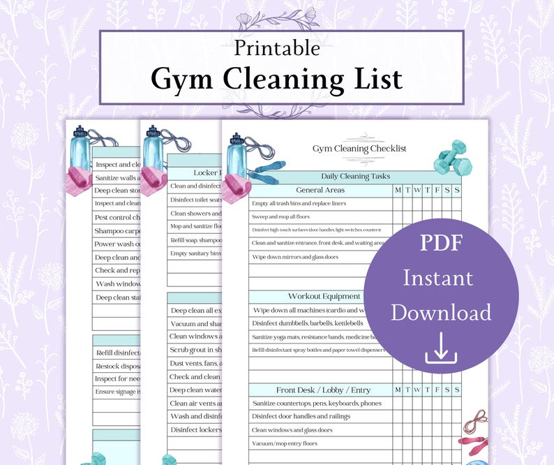 Gym Cleaning List Printable PDF | Gym Checklist Janitorial Checklist ...