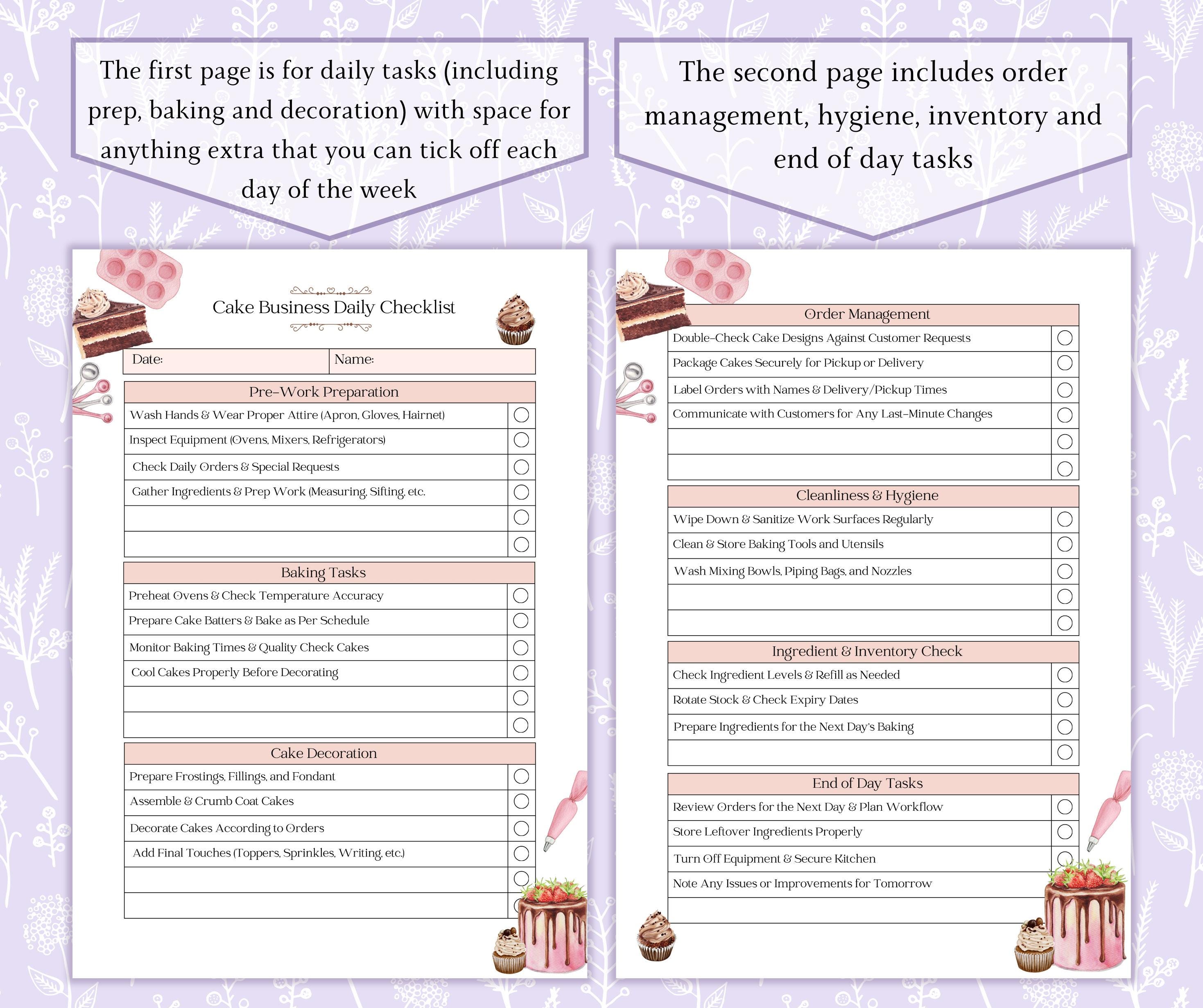 Cake Maker Checklist Printable PDF | Bakery Checklist | Cake Business ...
