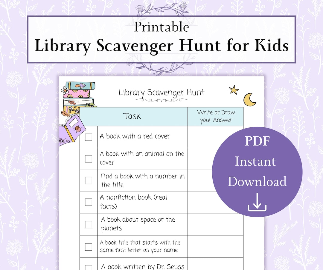 Kids Library Scavenger Hunt Printable PDF | Library Lesson Book ...