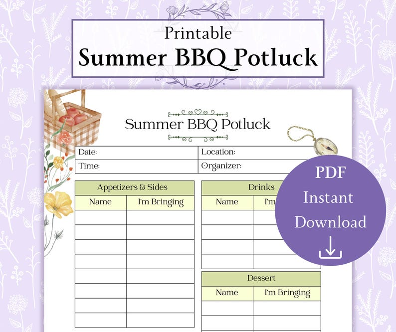Summer BBQ Potluck Sign up Sheet Printable PDF | Food List | Picnic ...