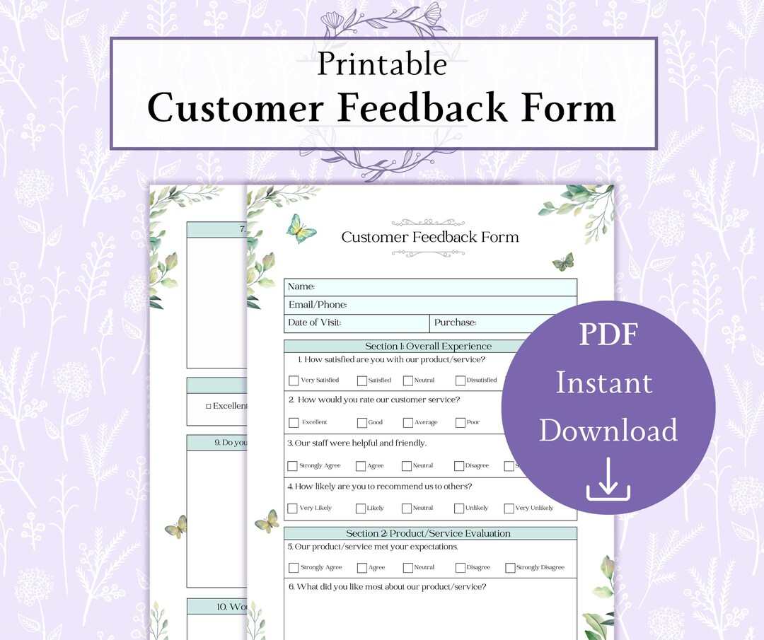 Customer Feedback Form Printable PDF | Business Feedback Tracker Sheet ...