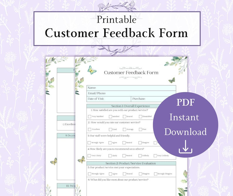 Customer Feedback Form Printable PDF | Business Feedback Tracker Sheet ...