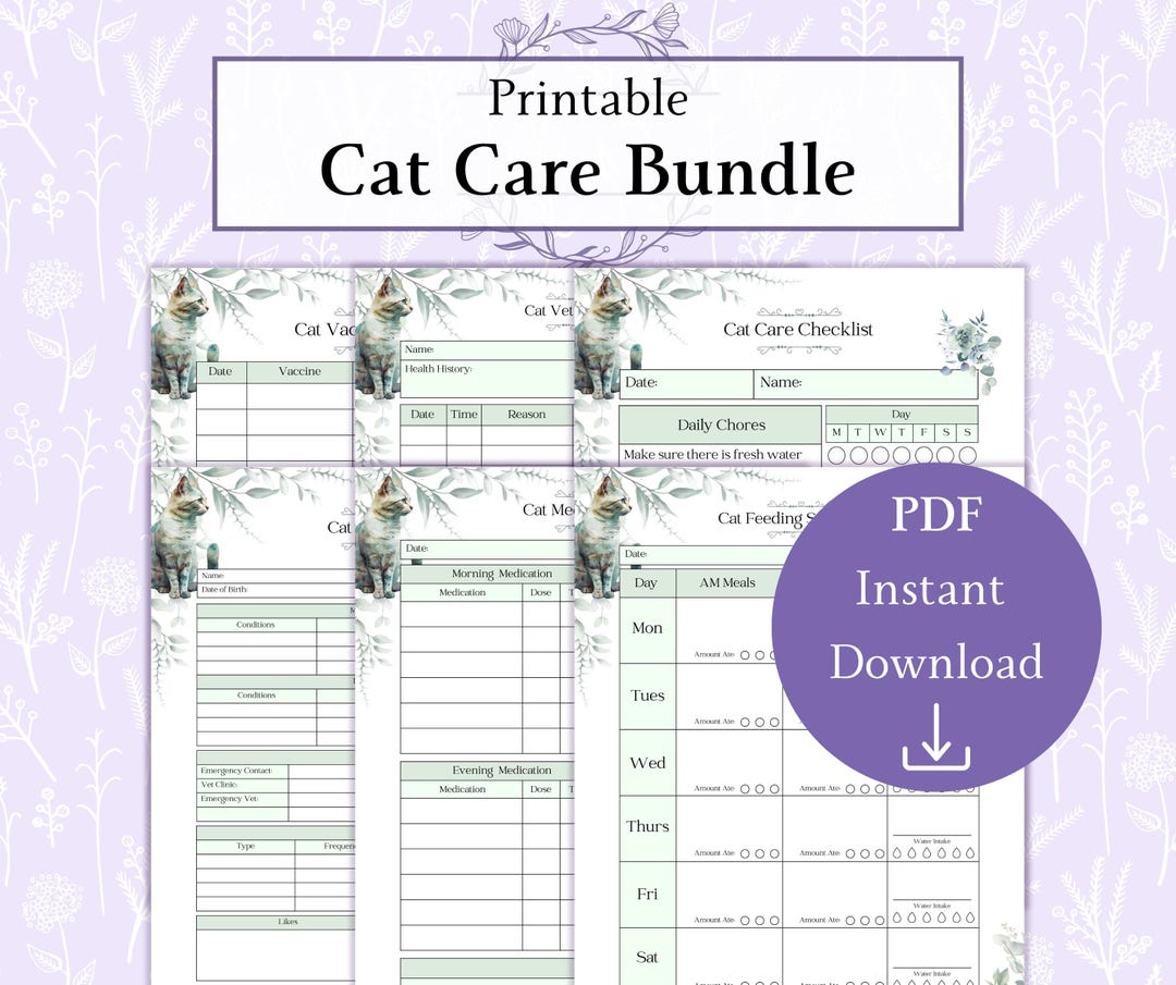 Cat Care Chart Bundle Printable PDF Cat Info Sheet Cat Feeding Schedule ...