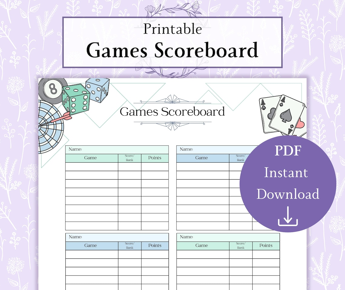 Games Scoreboard Printable PDF | Games Ranking | Board Game Party Sheet ...