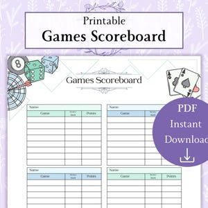 Games Scoreboard Printable PDF | Games Ranking | Board Game Party Sheet ...