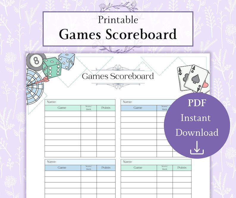 Games Scoreboard Printable PDF | Games Ranking | Board Game Party Sheet ...