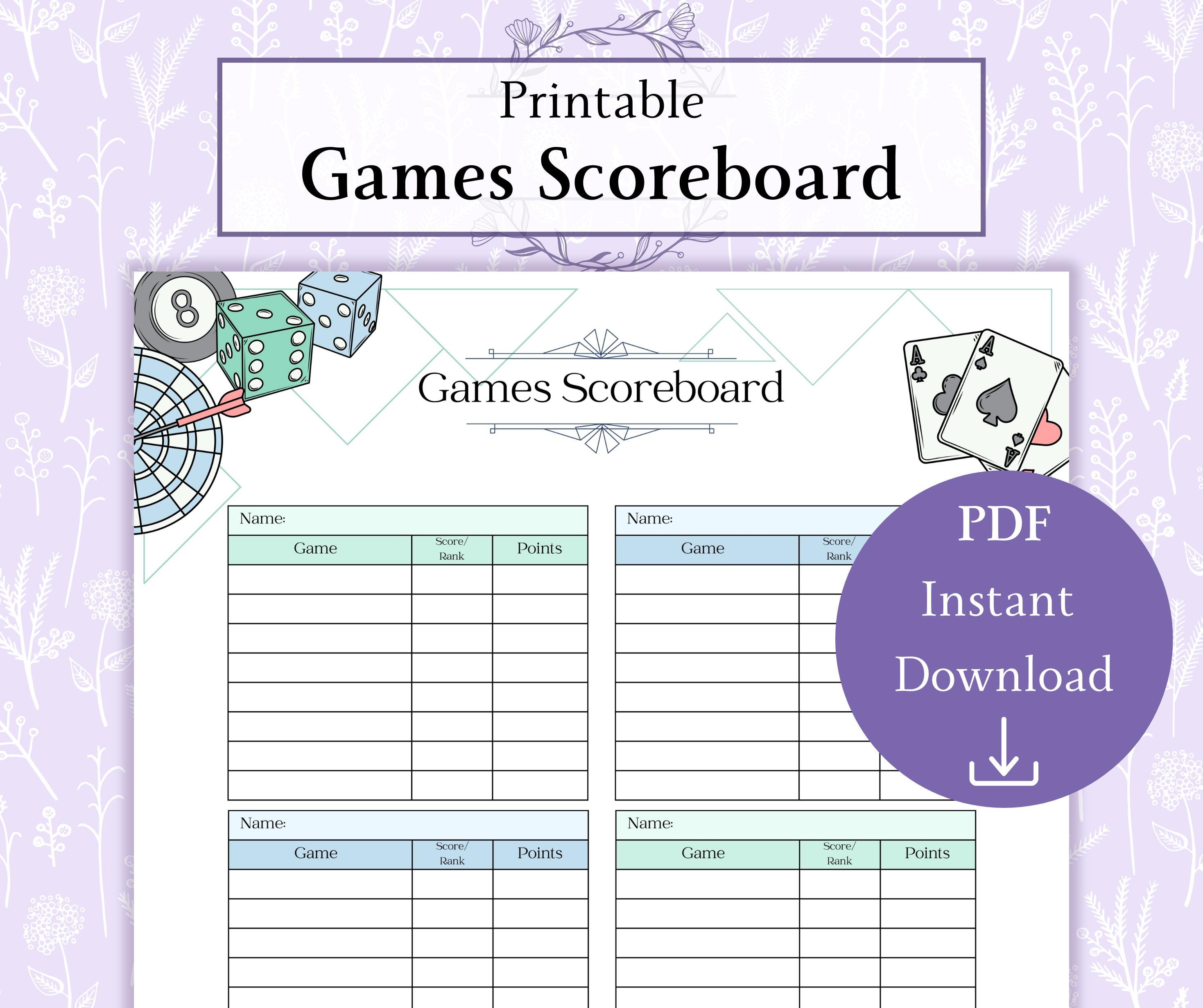 Games Scoreboard Printable PDF | Games Ranking | Board Game Party Sheet ...