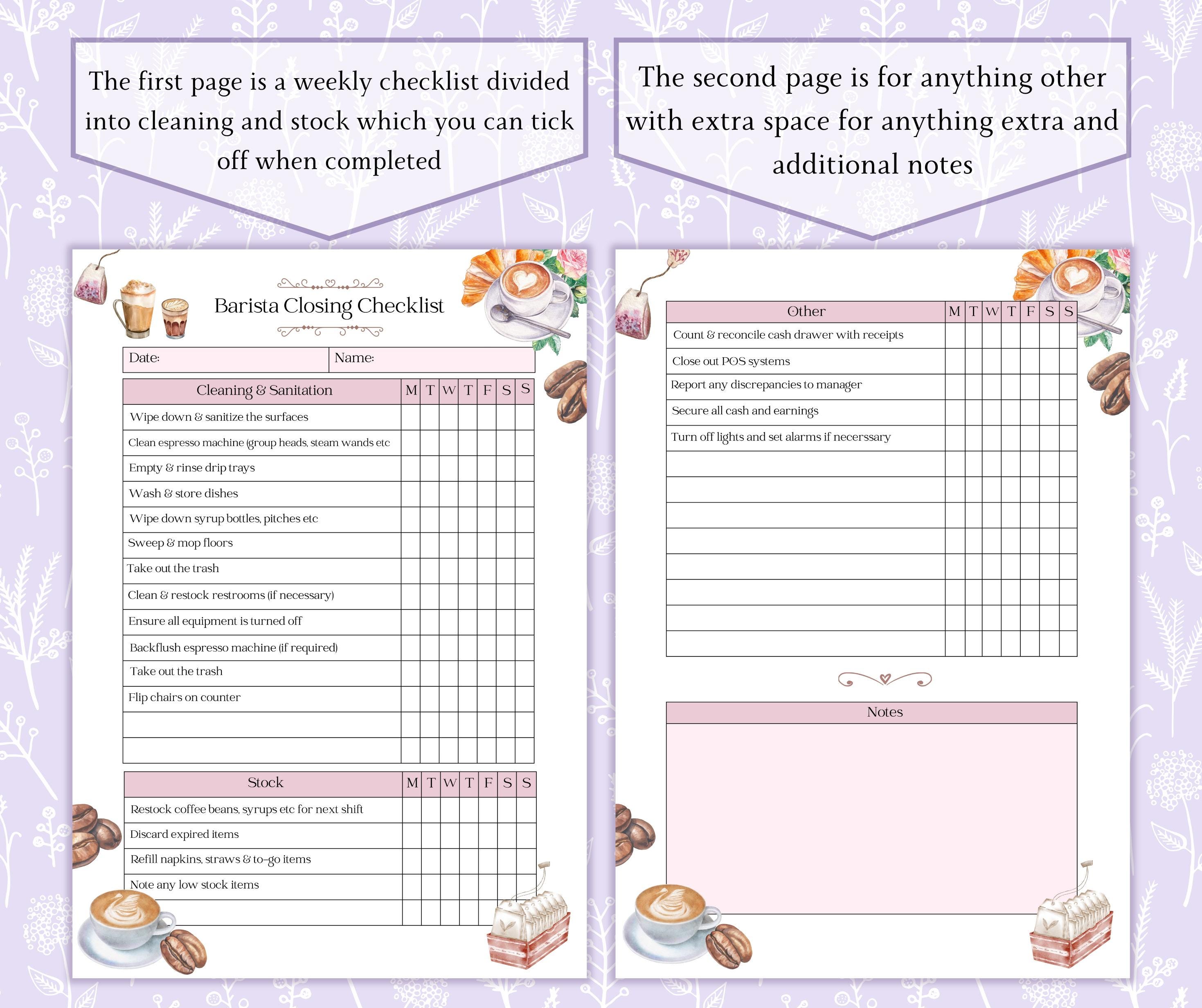 Barista Closing Checklist Printable PDF | Cafe Checklist | Server ...