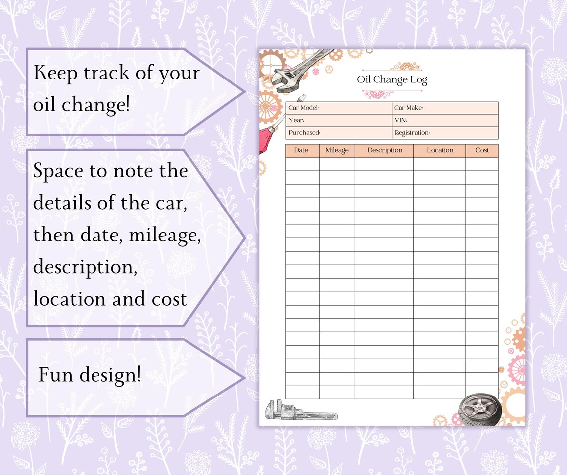 Oil Change Log Sheet Printable PDF | Oil Change Tracker | Car ...