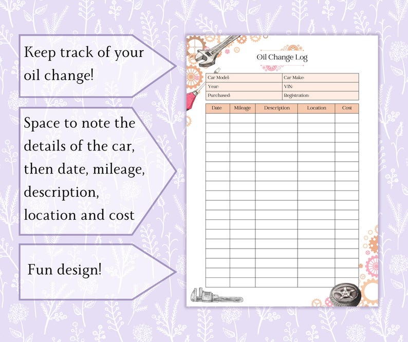 Oil Change Log Sheet Printable PDF | Oil Change Tracker | Car ...