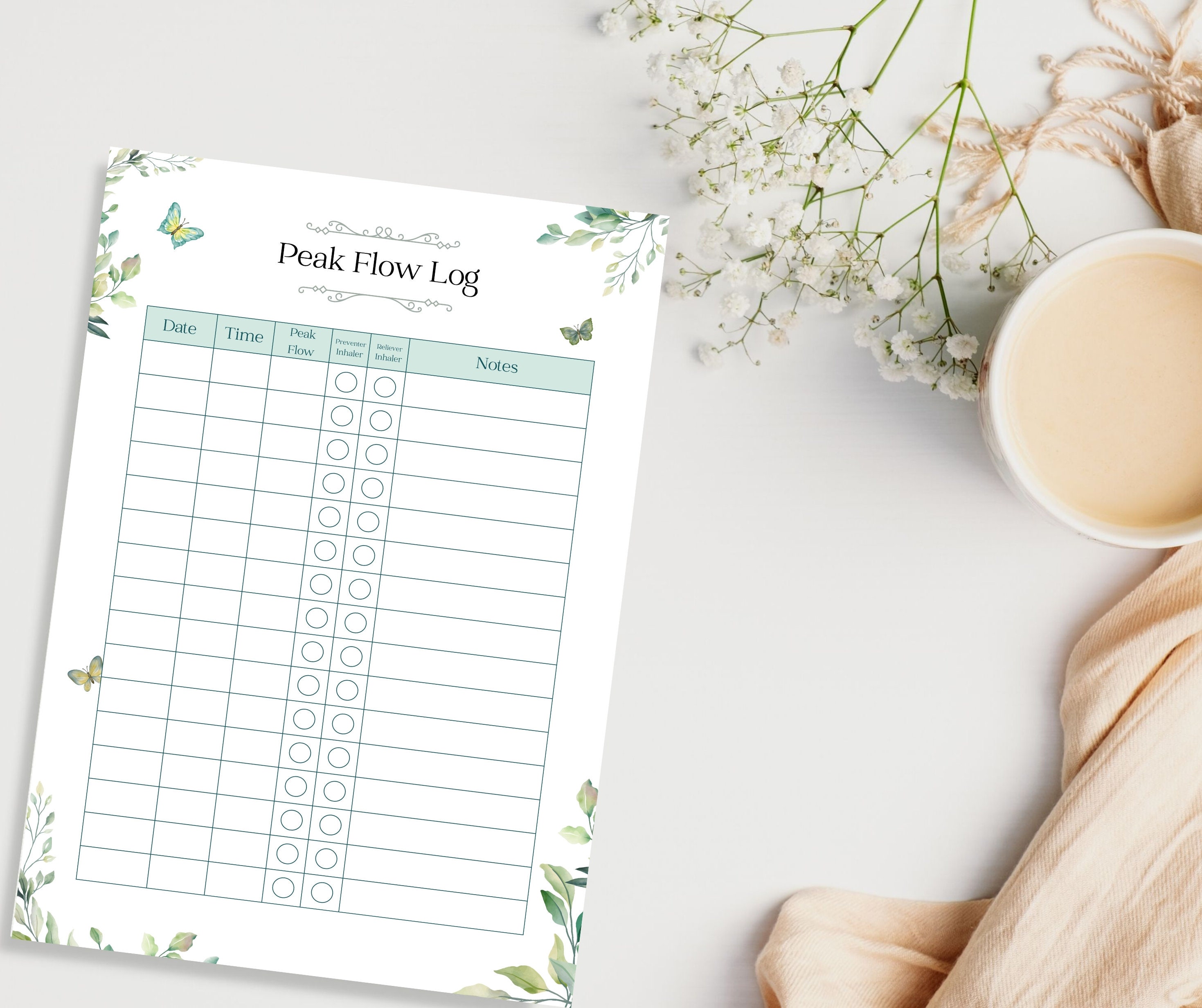 Peak Flow Log Printable PDF | Peak Flow Chart | Asthma Tracker ...