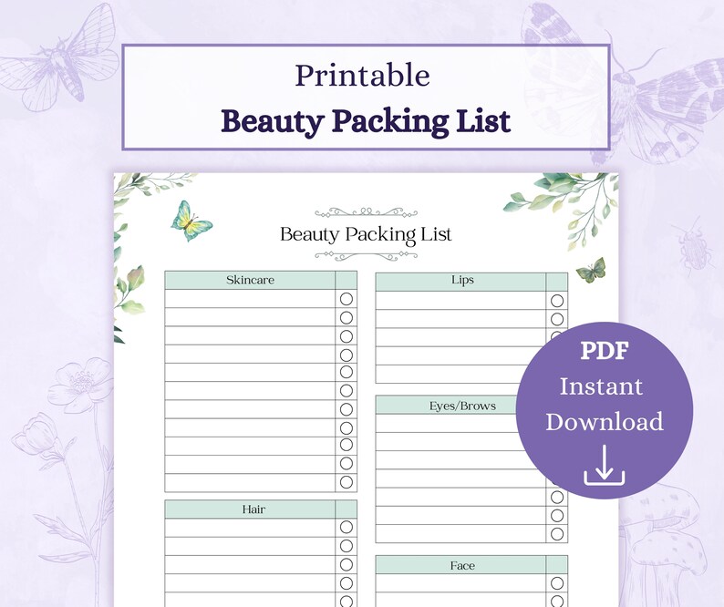 Beauty Packing List Printable PDF | Makeup Packing List | Beauty Travel ...